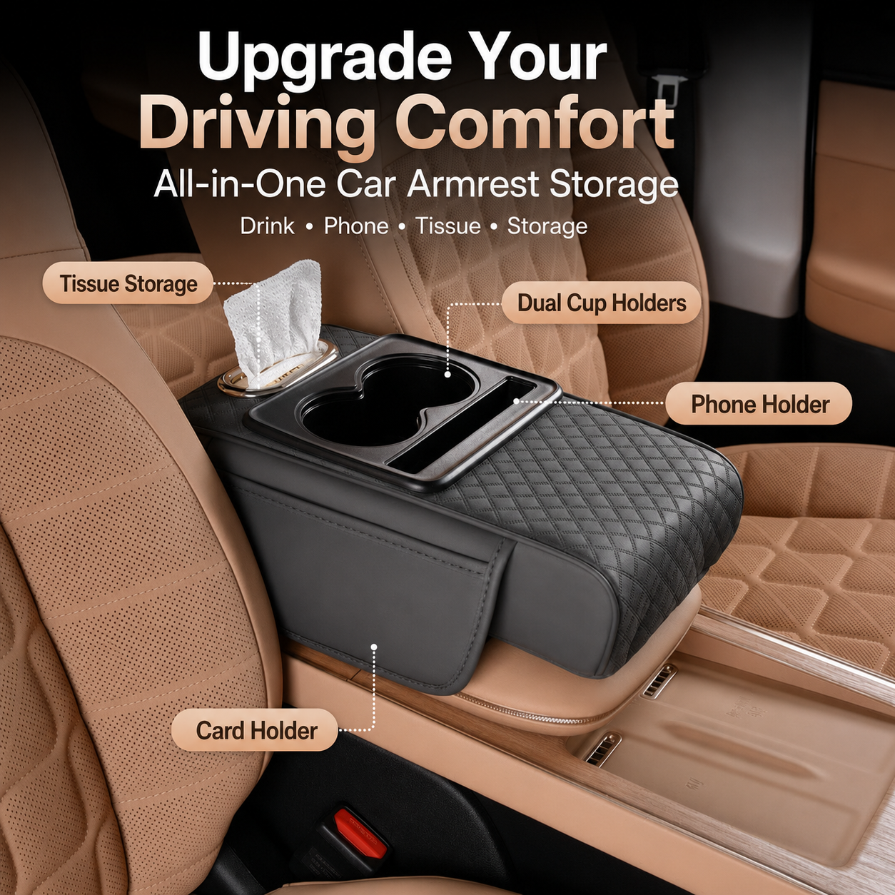 FlexiNest Pro 4-in-1 Car Armrest OrganizerRaised Center Console Pad ...